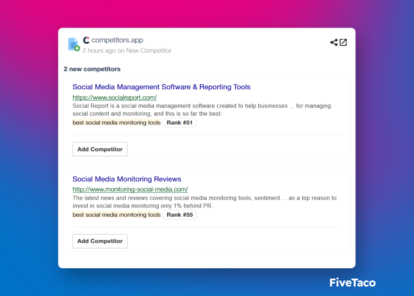 Competitors App | FiveTaco
